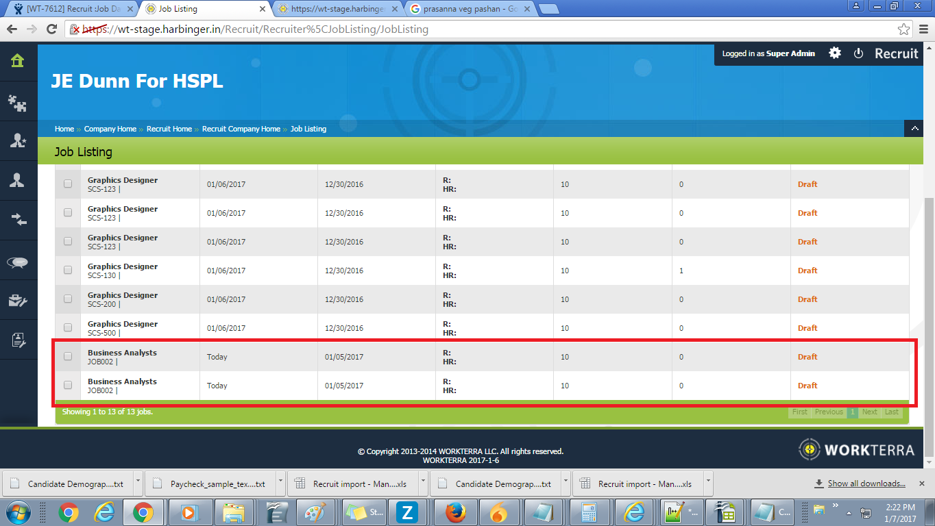 Wt 7612 Recruit Job Dataduplicate Entry Inserted And Import Is Getting Failed Workterra Jira